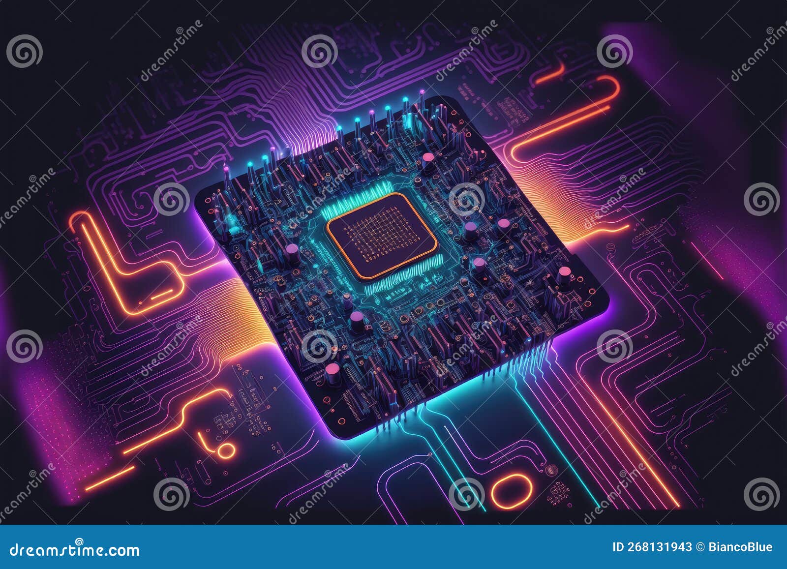 Computer Microchip Semiconductor on Motherboard Futuristic Cyber Neon ...