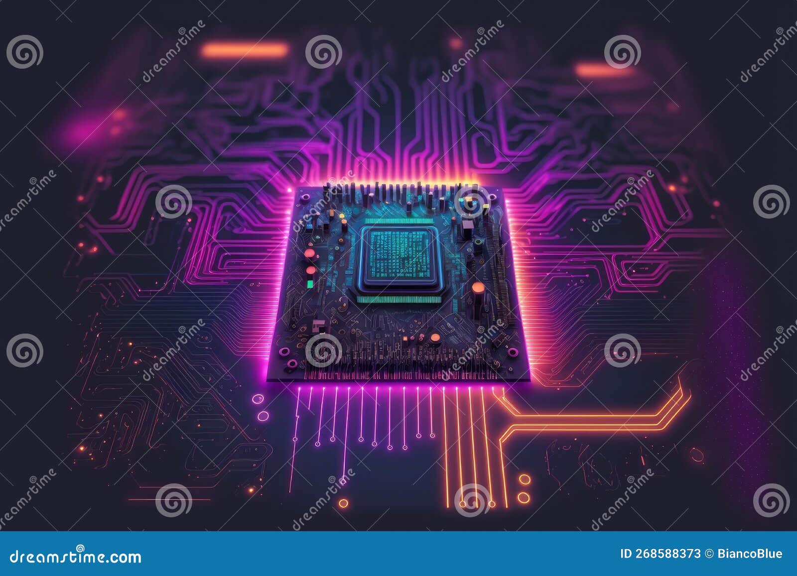 Computer Microchip Semiconductor on Motherboard Futuristic Cyber Neon ...