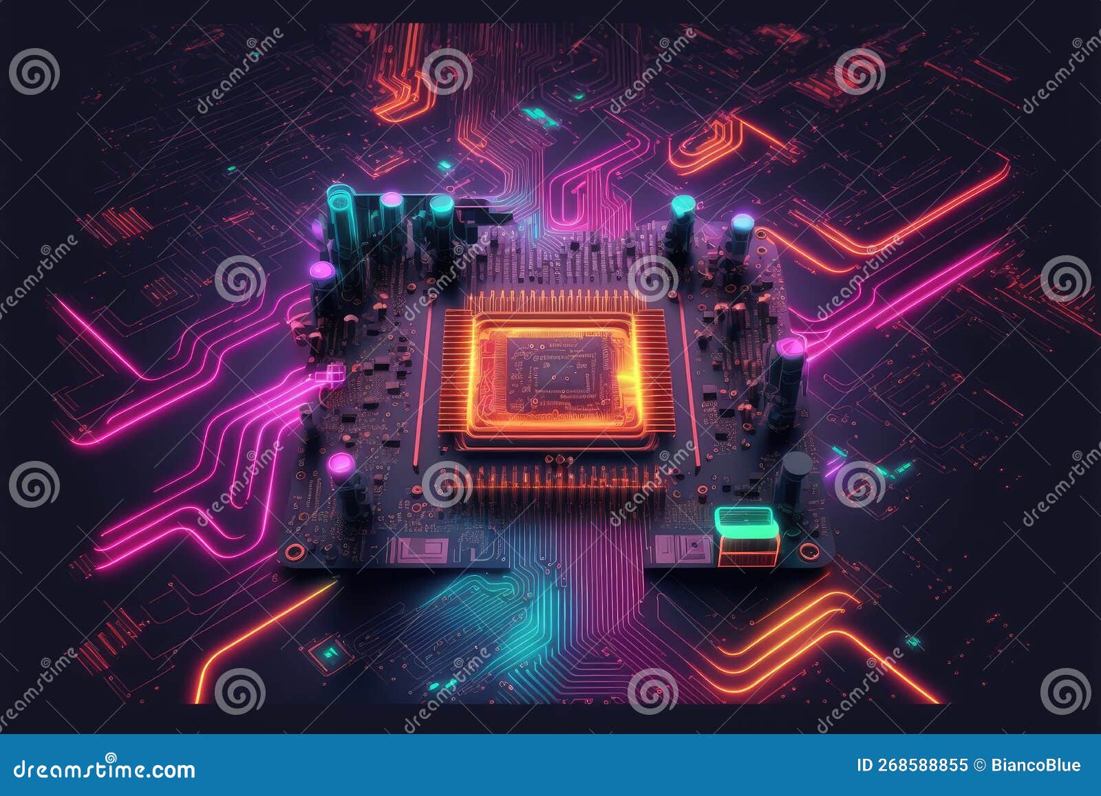 Computer Microchip Semiconductor on Motherboard Futuristic Cyber Neon ...