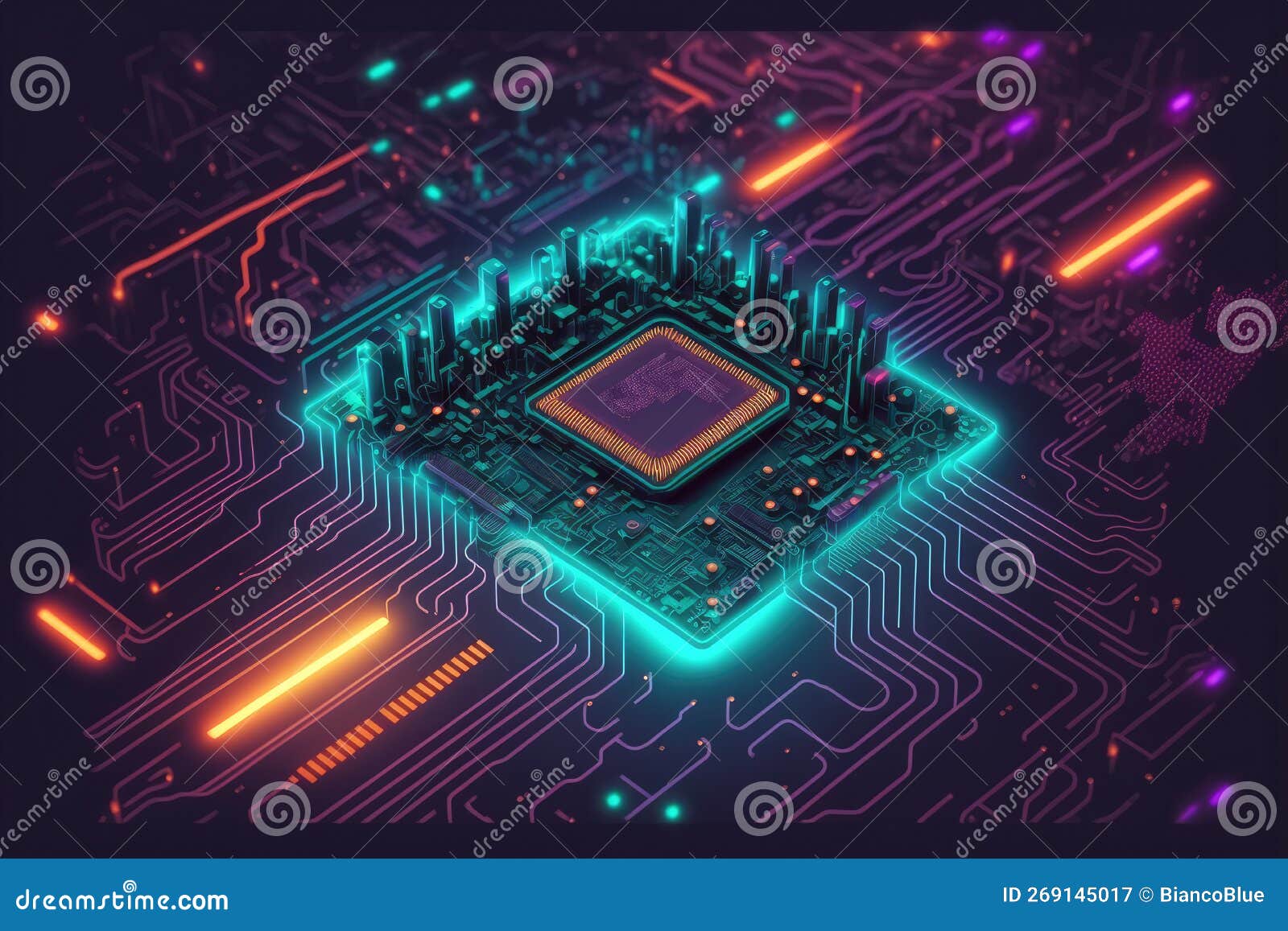 Computer Microchip Semiconductor on Motherboard Futuristic Cyber Neon ...