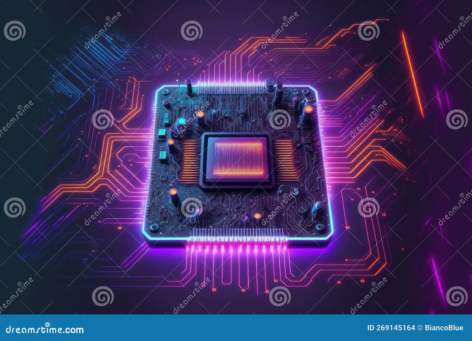 Computer Microchip Semiconductor on Motherboard Futuristic Cyber Neon ...