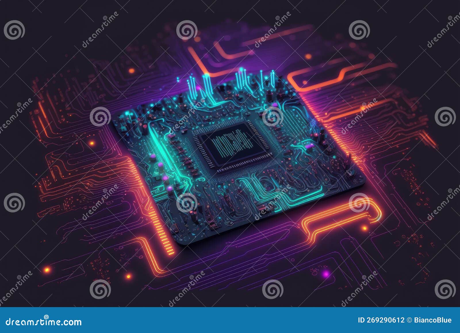 Computer Microchip Semiconductor on Motherboard Futuristic Cyber Neon ...