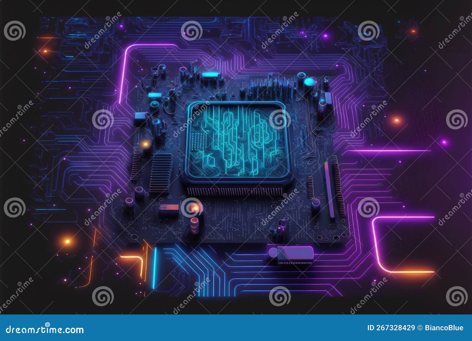 Computer Microchip Semiconductor on Motherboard Futuristic Cyber Neon ...