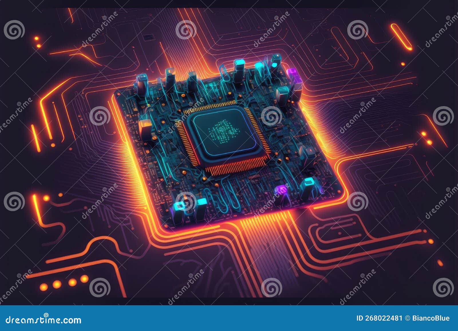 Computer Microchip Semiconductor on Motherboard Futuristic Cyber Neon ...