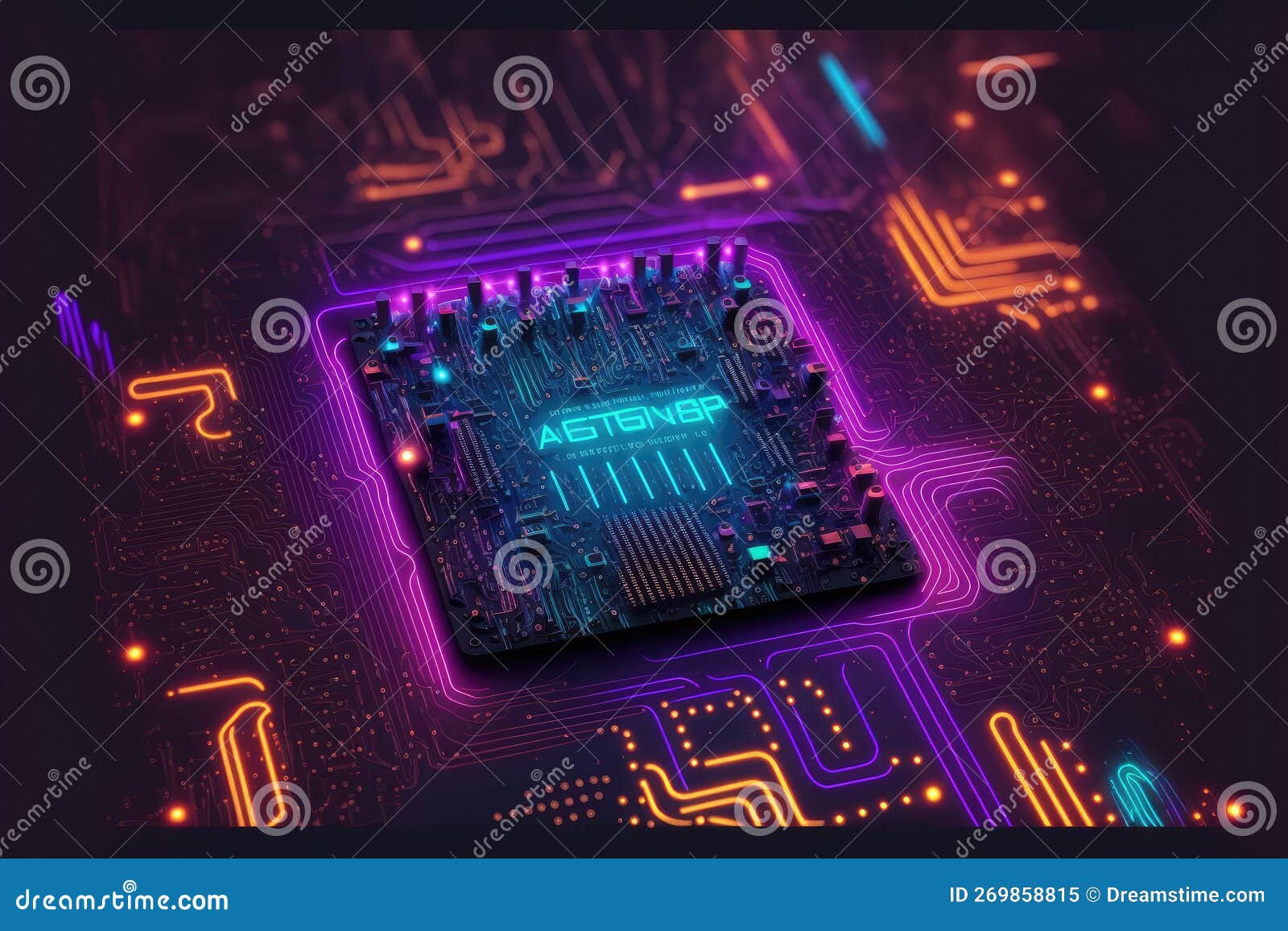 Computer Microchip Semiconductor on Motherboard Futuristic Cyber Neon ...