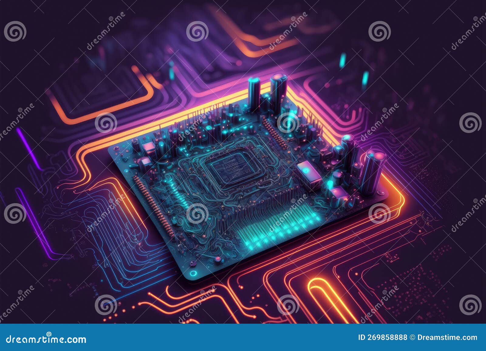Computer Microchip Semiconductor on Motherboard Futuristic Cyber Neon ...