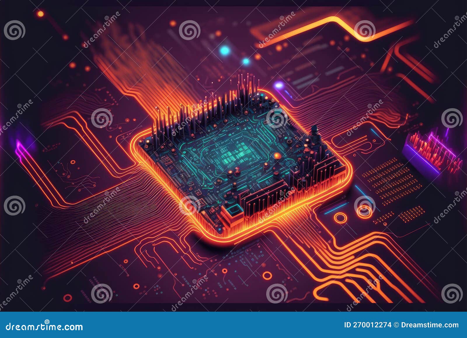 Computer Microchip Semiconductor on Motherboard Futuristic Cyber Neon ...