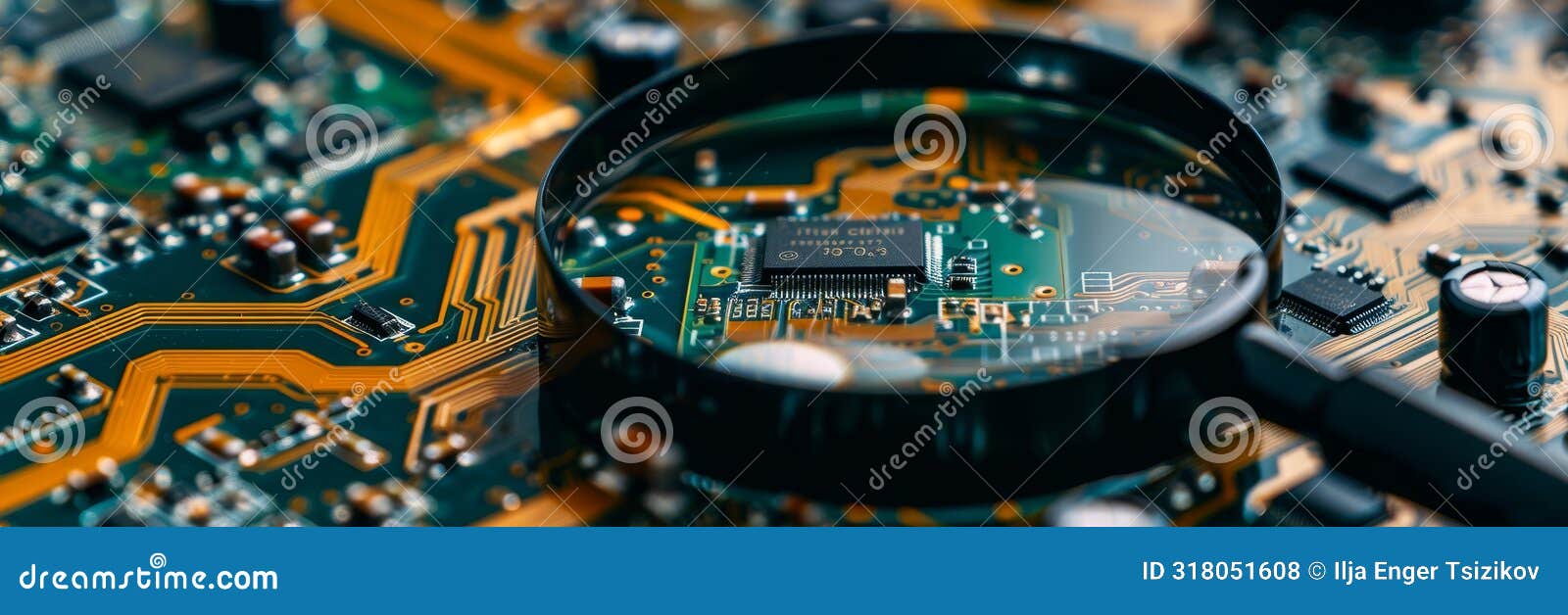 Computer Microchips On Circuit Board Under Magnifying Glass With Space ...