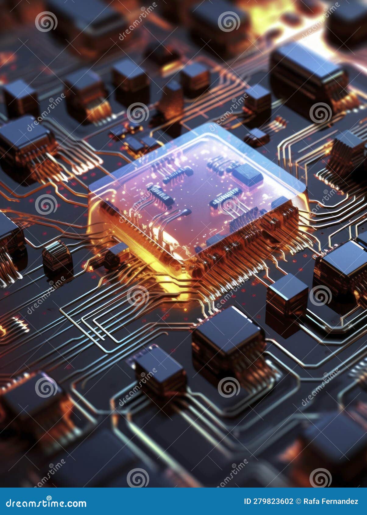 Computer Microchips On Circuit Board Under Magnifying Glass With Space ...