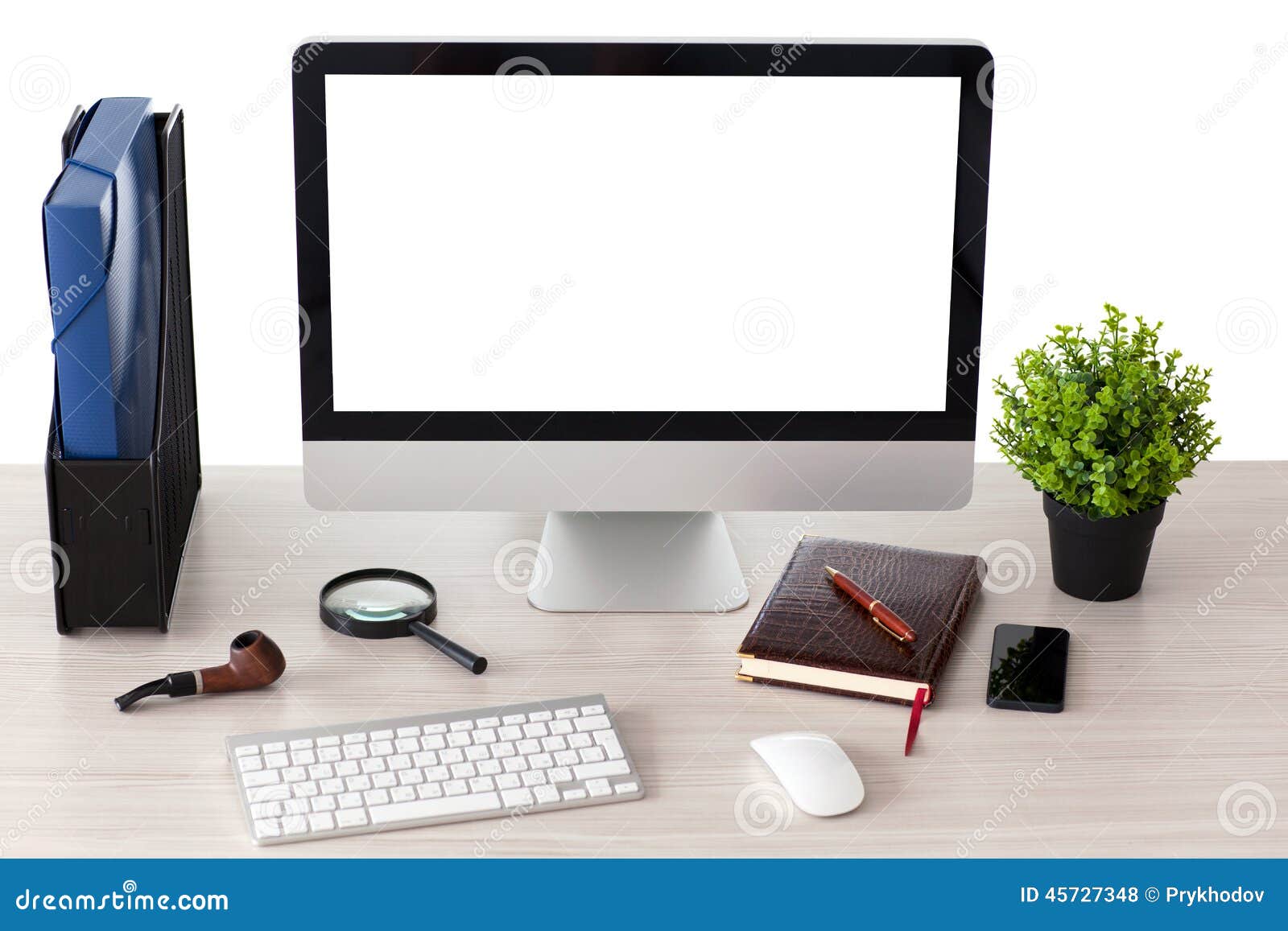 Computer Mit Lokalisiertem Schirm Steht Auf Dem Tisch Stockfoto - Bild ...