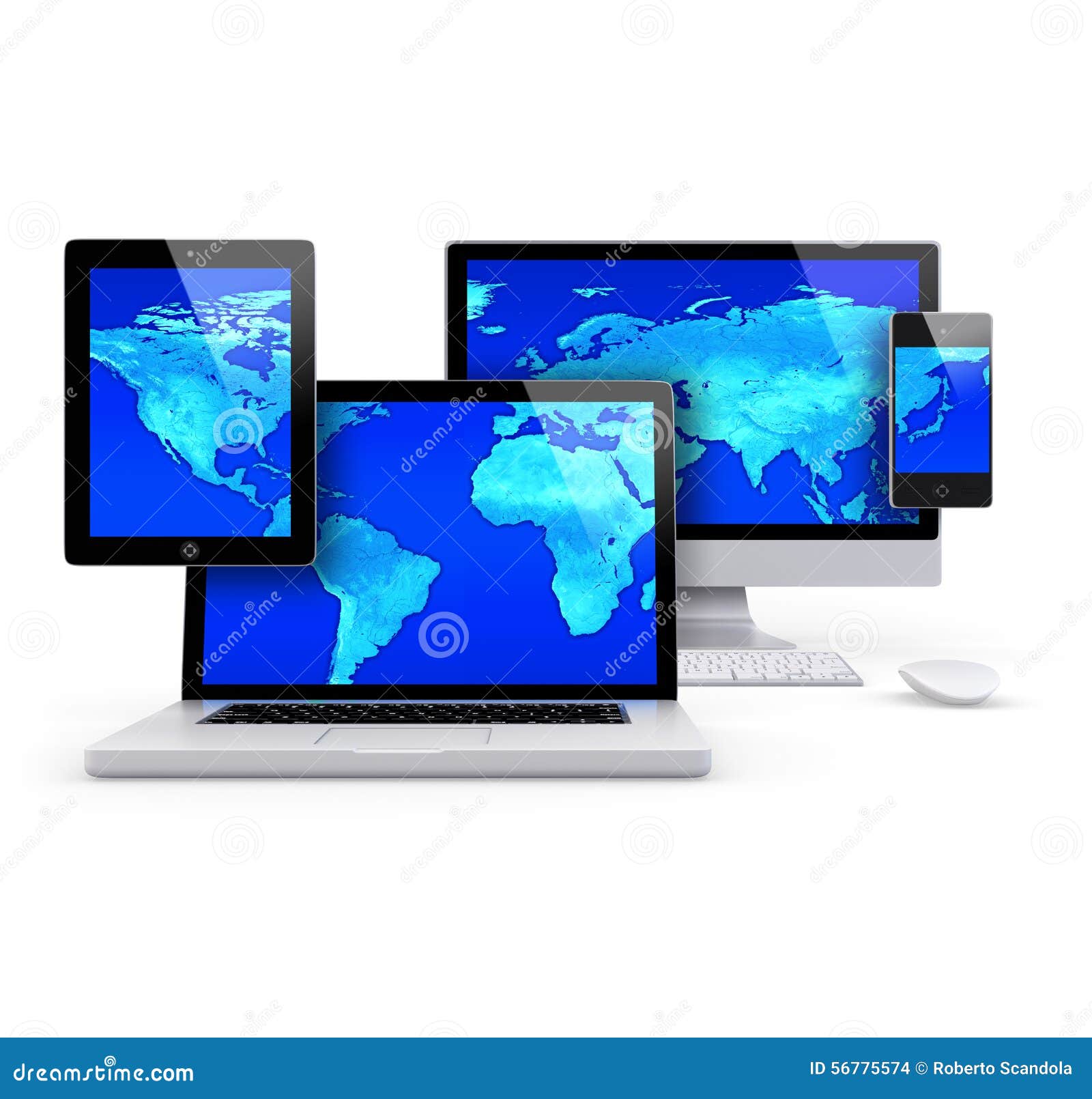 Computer and Mobile Group Concept, with Blue World Map Stock ...