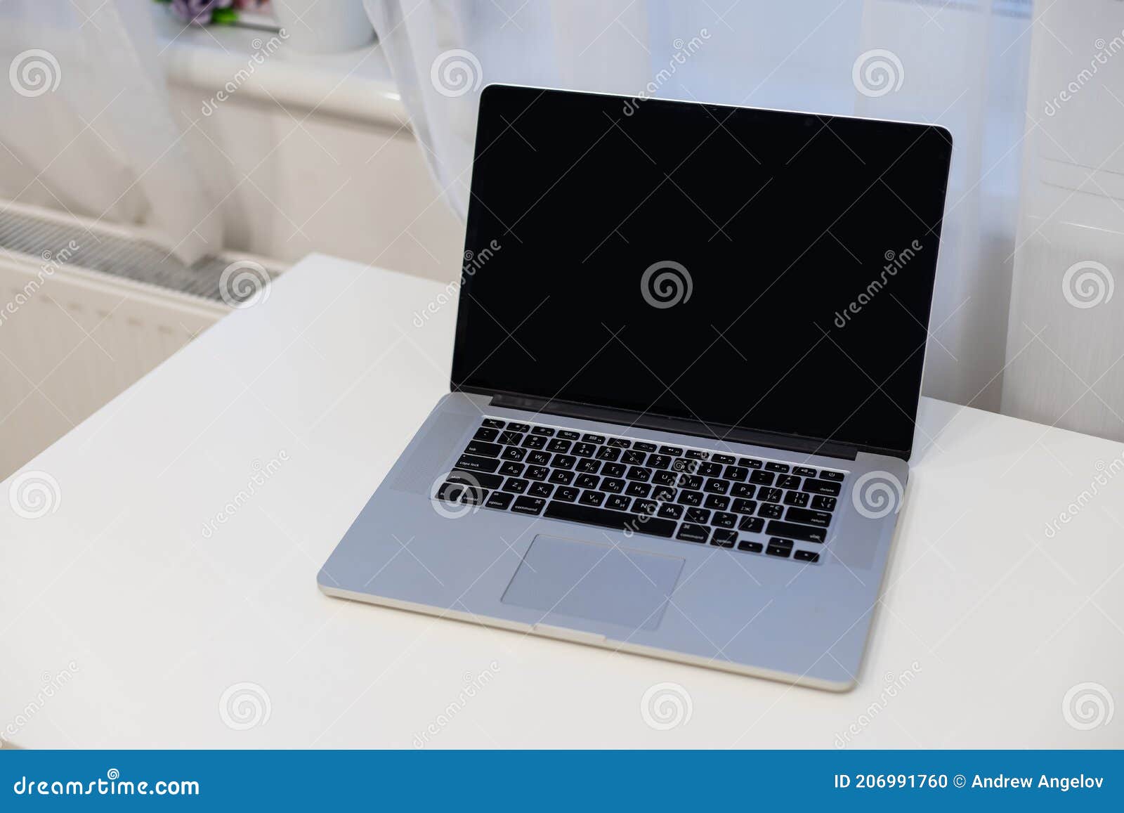 Computer Mockup White Background on Table. Laptop with Blank Screen ...