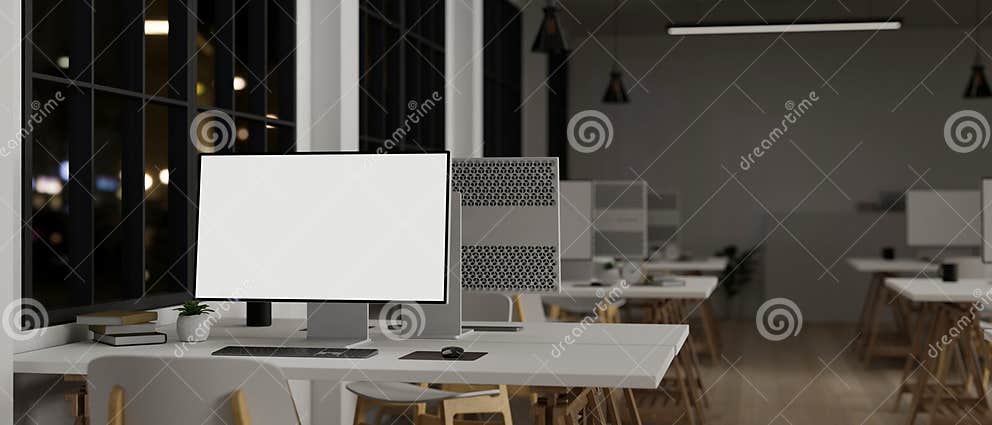 A Computer Mockup on a White Table in a Modern Office with Rows of ...