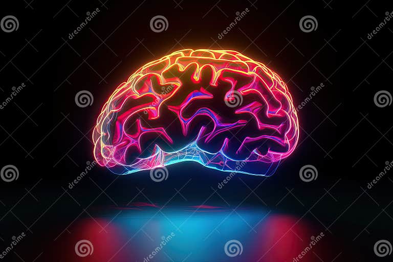 Computer Model of the Human Brain in Neon Light on the Black Background ...