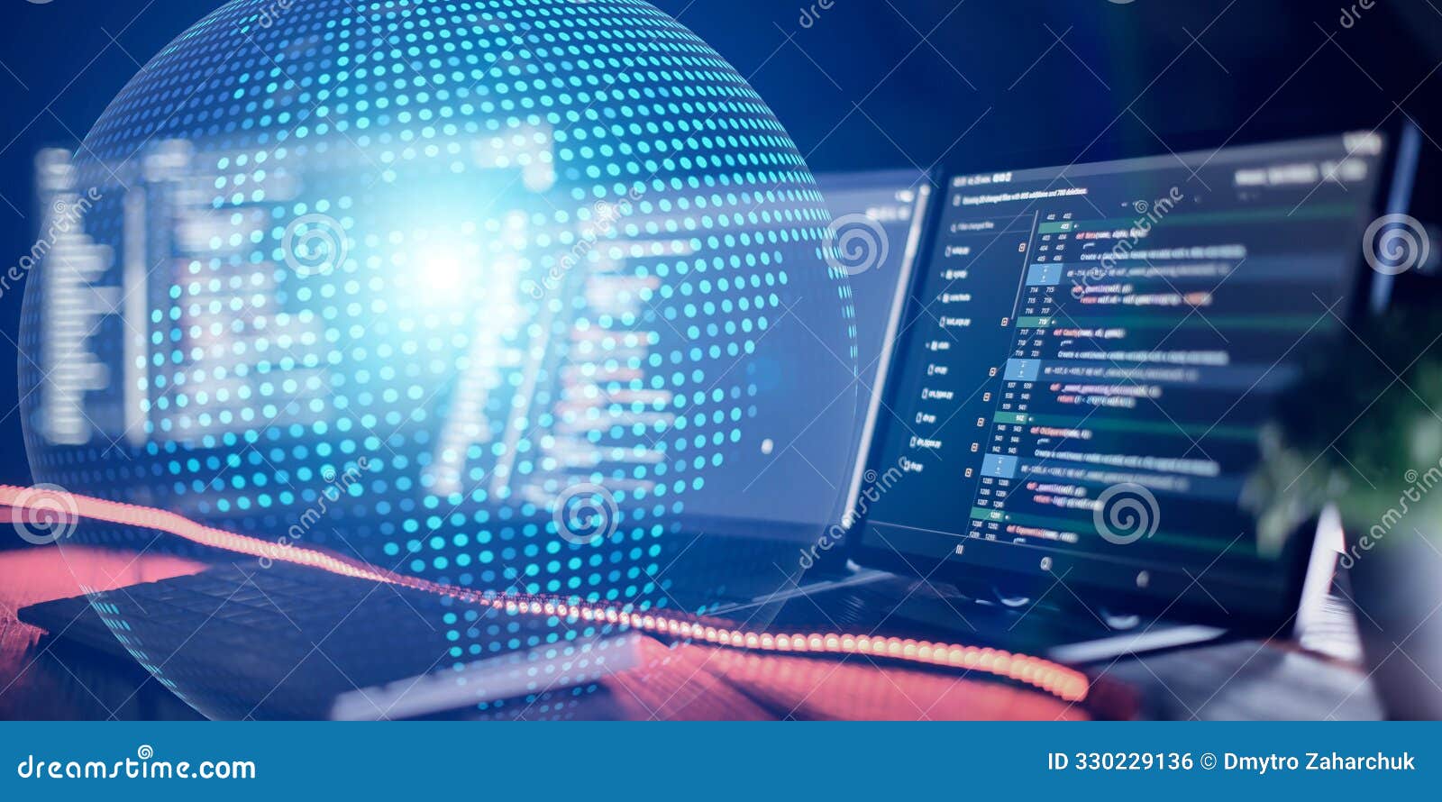 Computer Monitor with Abstract World Map and Binary Code. Programming Anywhere in the World ...