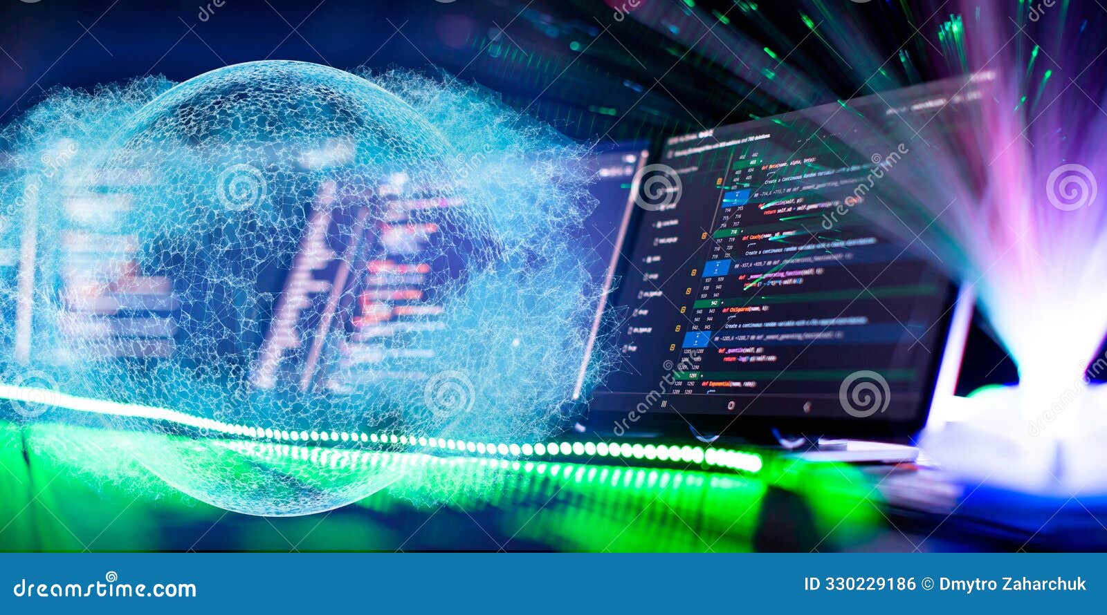 Computer Monitor with Abstract World Map and Binary Code. Programming ...