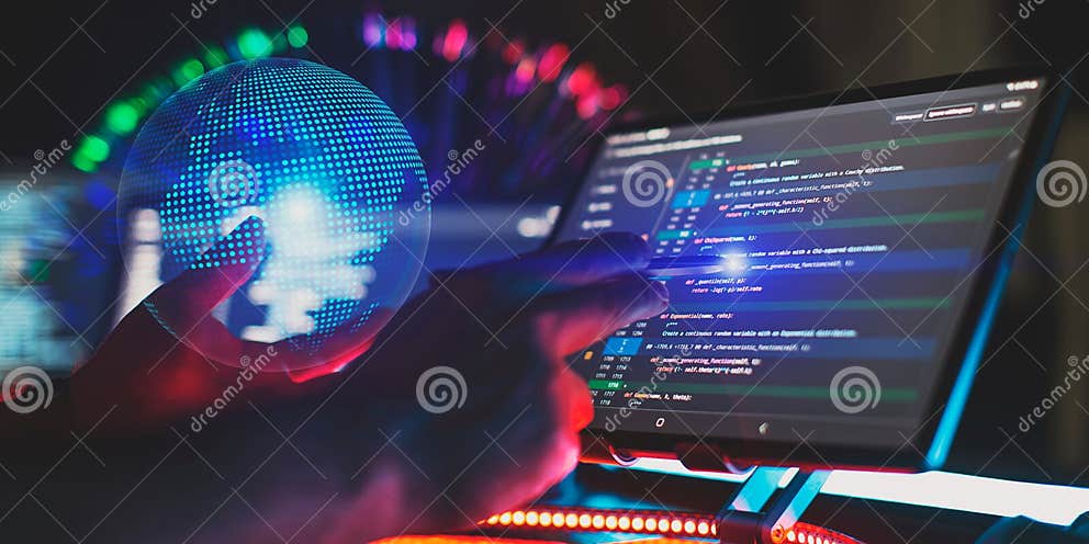 Computer Monitor with Abstract World Map . Programming Anywhere in the ...