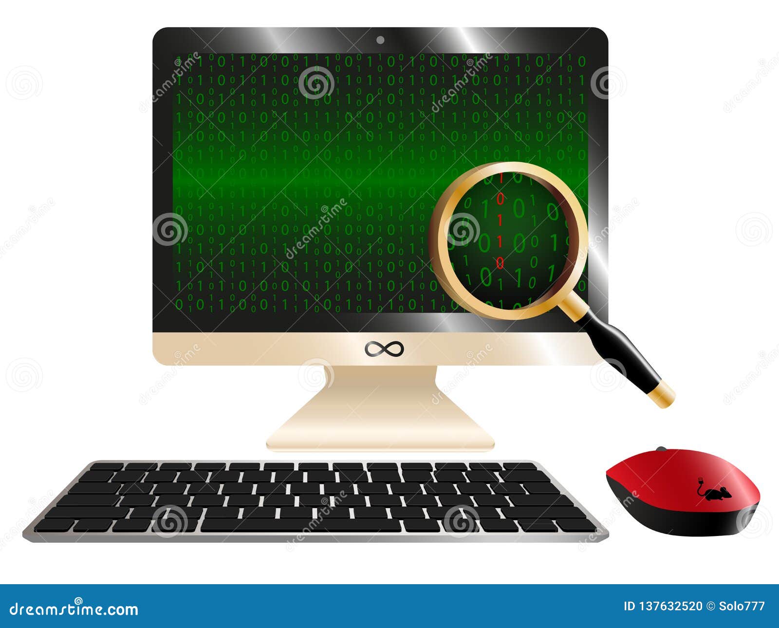 Computer Monitor with Binary Code and Magnifying Loupe - Vector ...