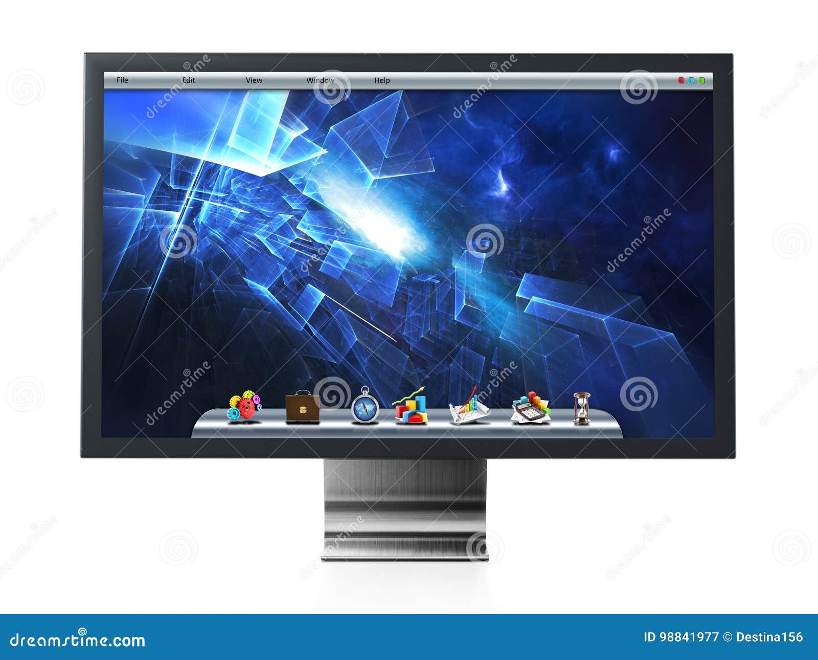 Computer Monitor with Blue Desktop Wallpaper. 3D Illustration Stock ...