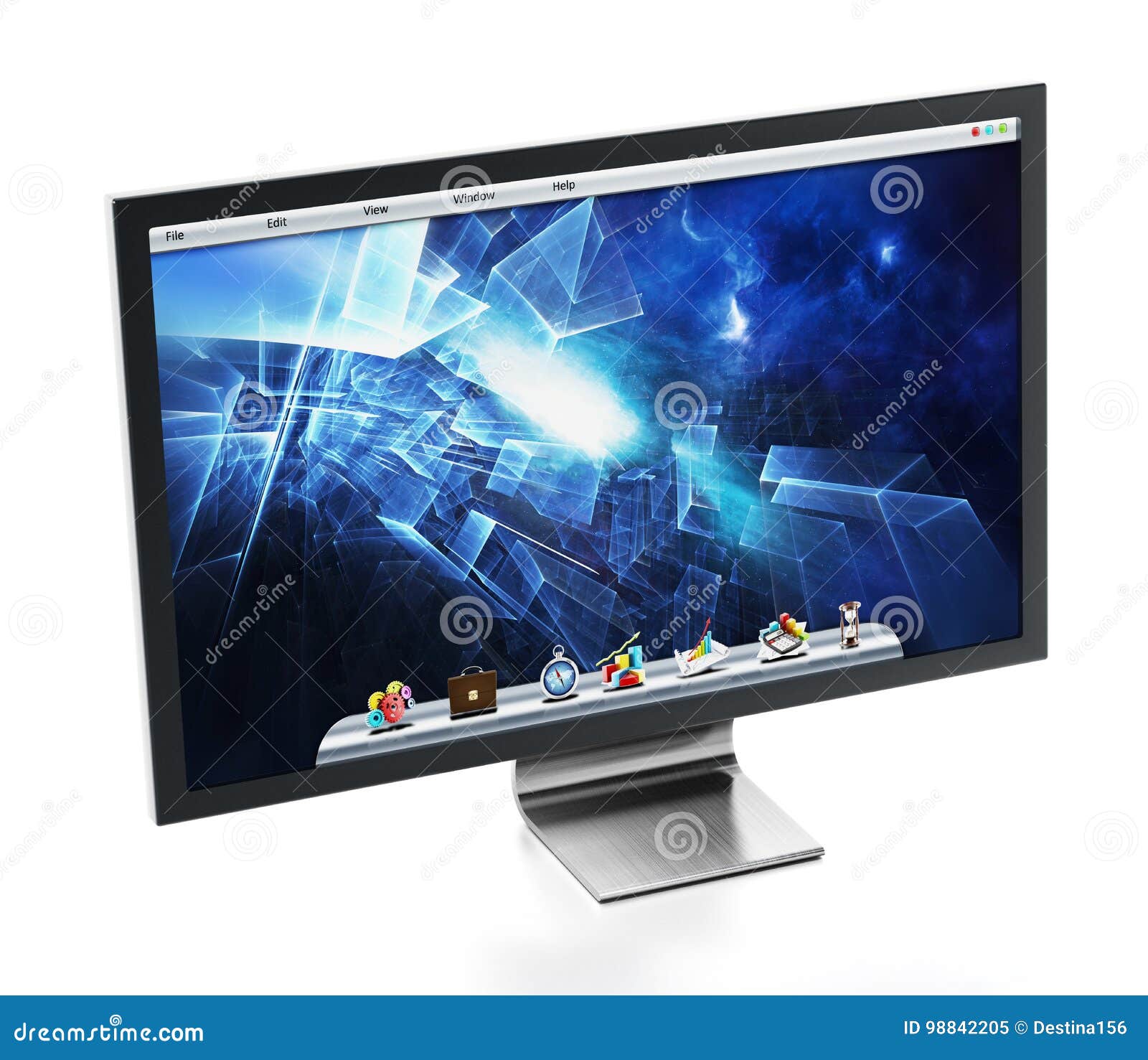 Computer Monitor with Blue Desktop Wallpaper. 3D Illustration Stock ...