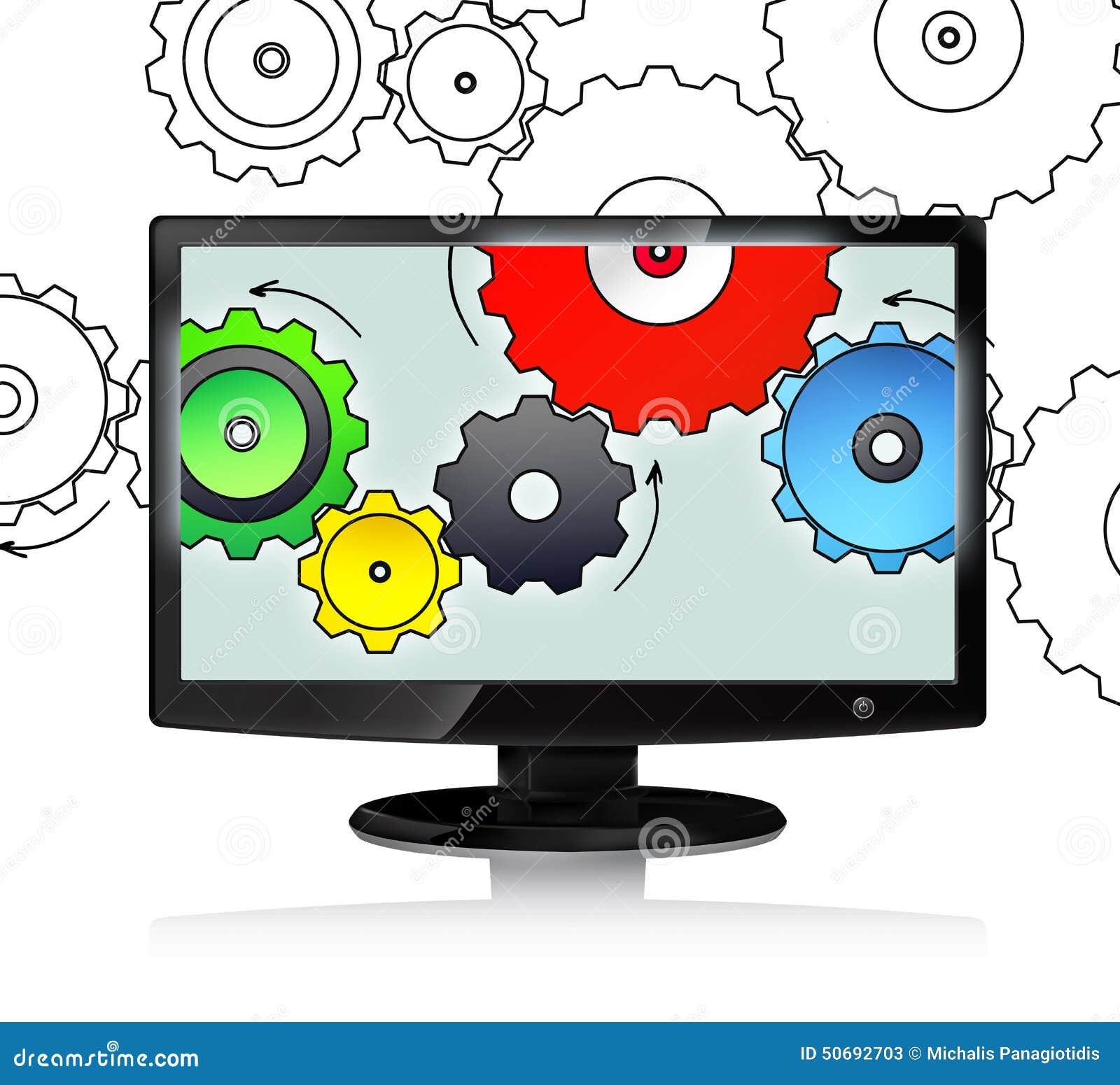 Computer Monitor and Colour Cog Wheels Concept Stock Illustration ...