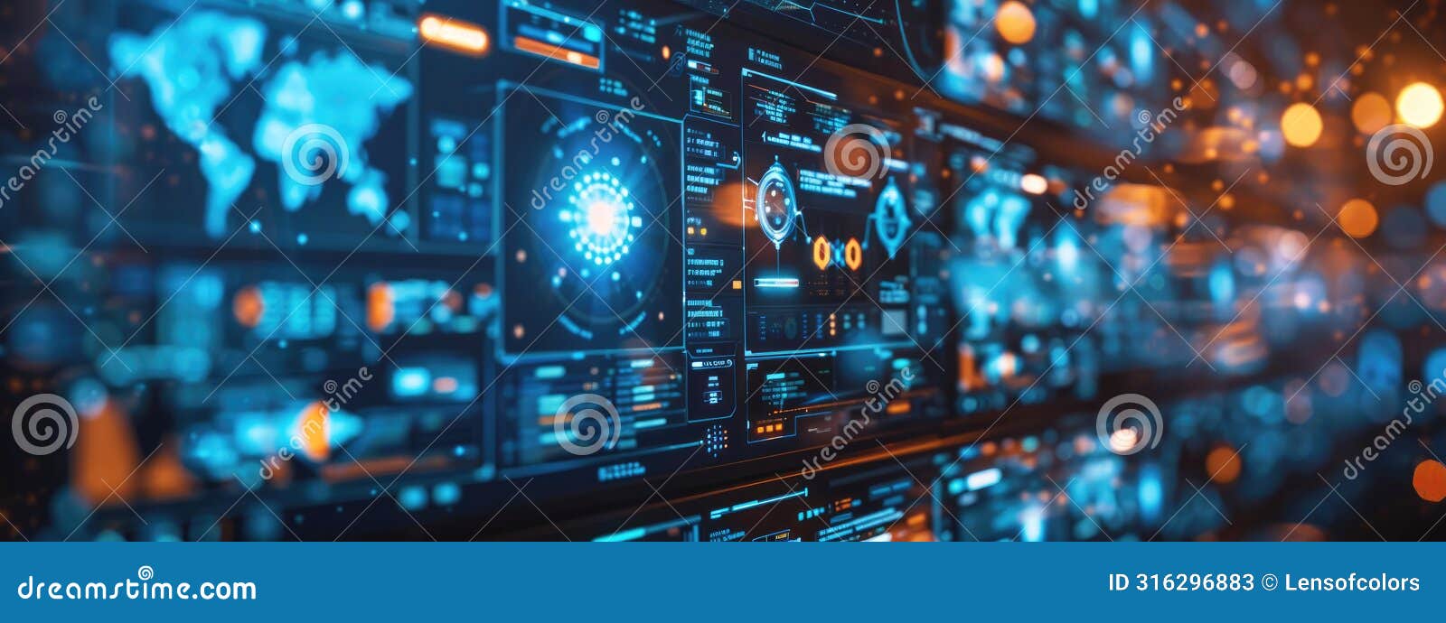 A Computer Monitor Displays Several Screens.Data Network and Artificial ...