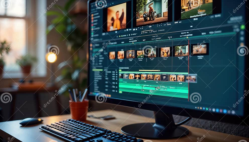 Computer Monitor Displays Video Editing Timeline. Various Video Clips ...