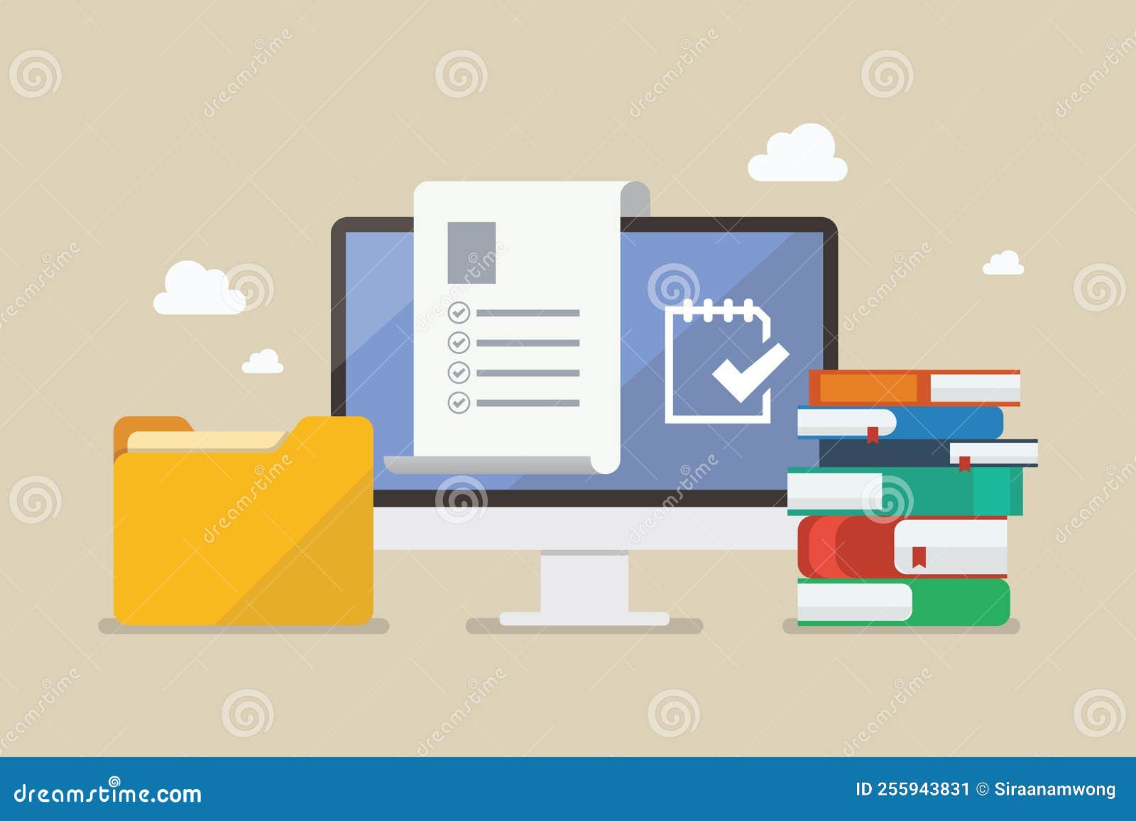 Computer Monitor with Folder and Stack of Books Stock Vector - Illustration of folder, graphic ...