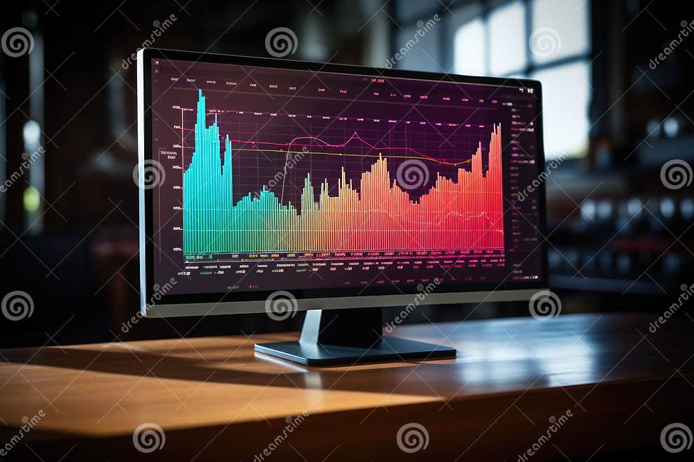 A Computer Monitor with a Graph on the Screen. Monitor Screen Shows Growth Data with Graphs ...