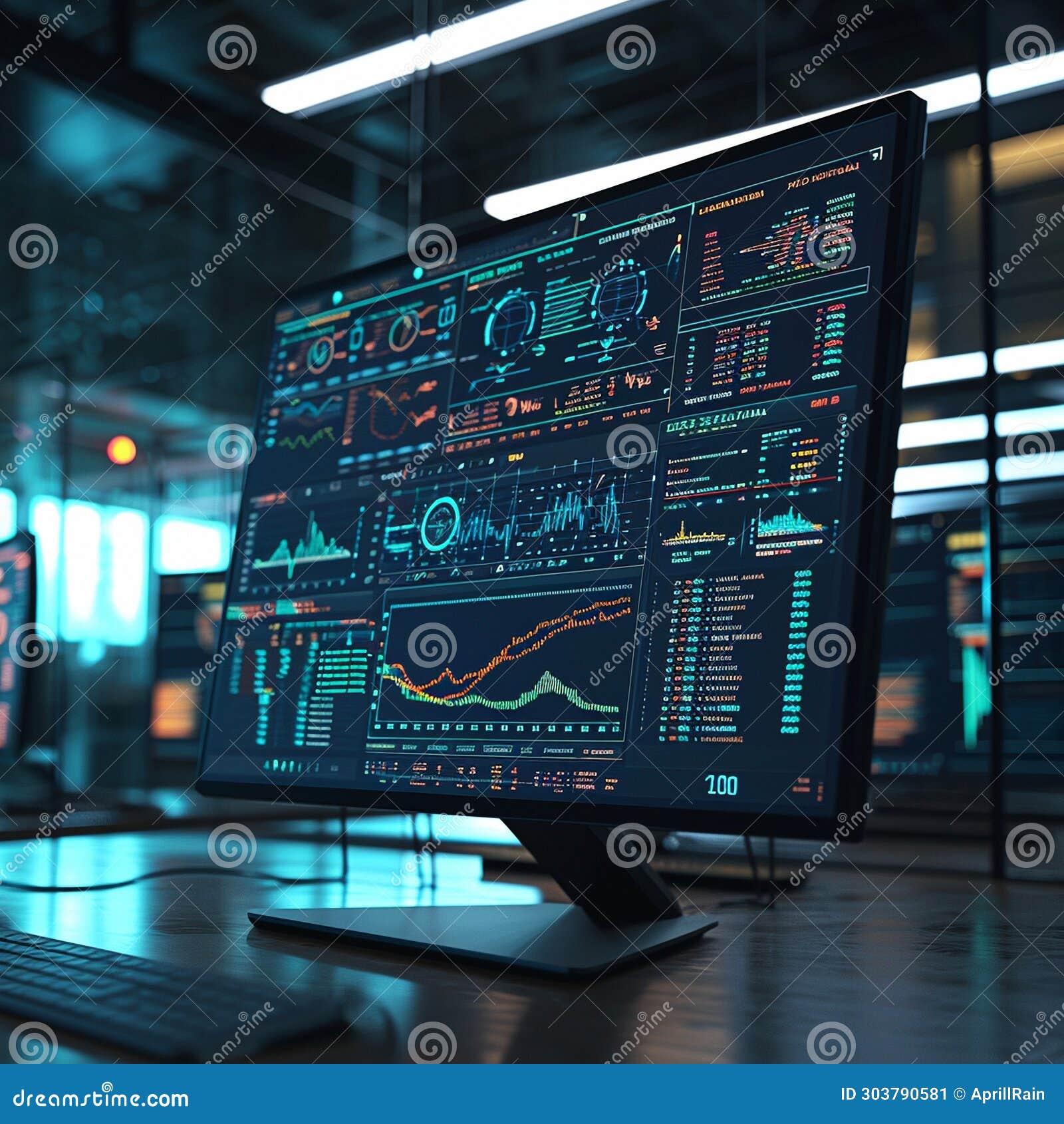 Computer Monitor with Graphs, Map, Dashboards. Technological Background Stock Illustration ...