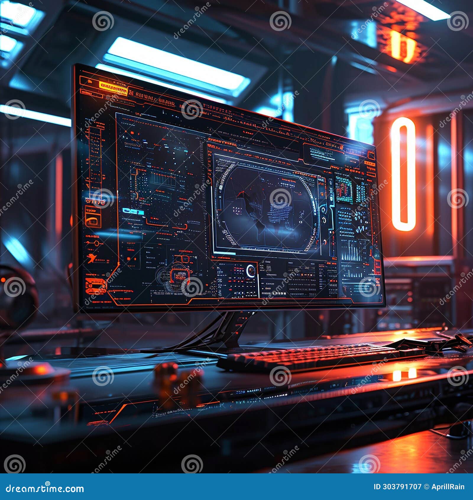 Computer Monitor with Graphs, Map, Dashboards. Technological Background ...