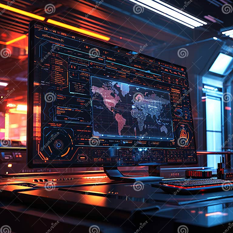 Computer Monitor with Graphs, Map, Dashboards. Technological Background ...