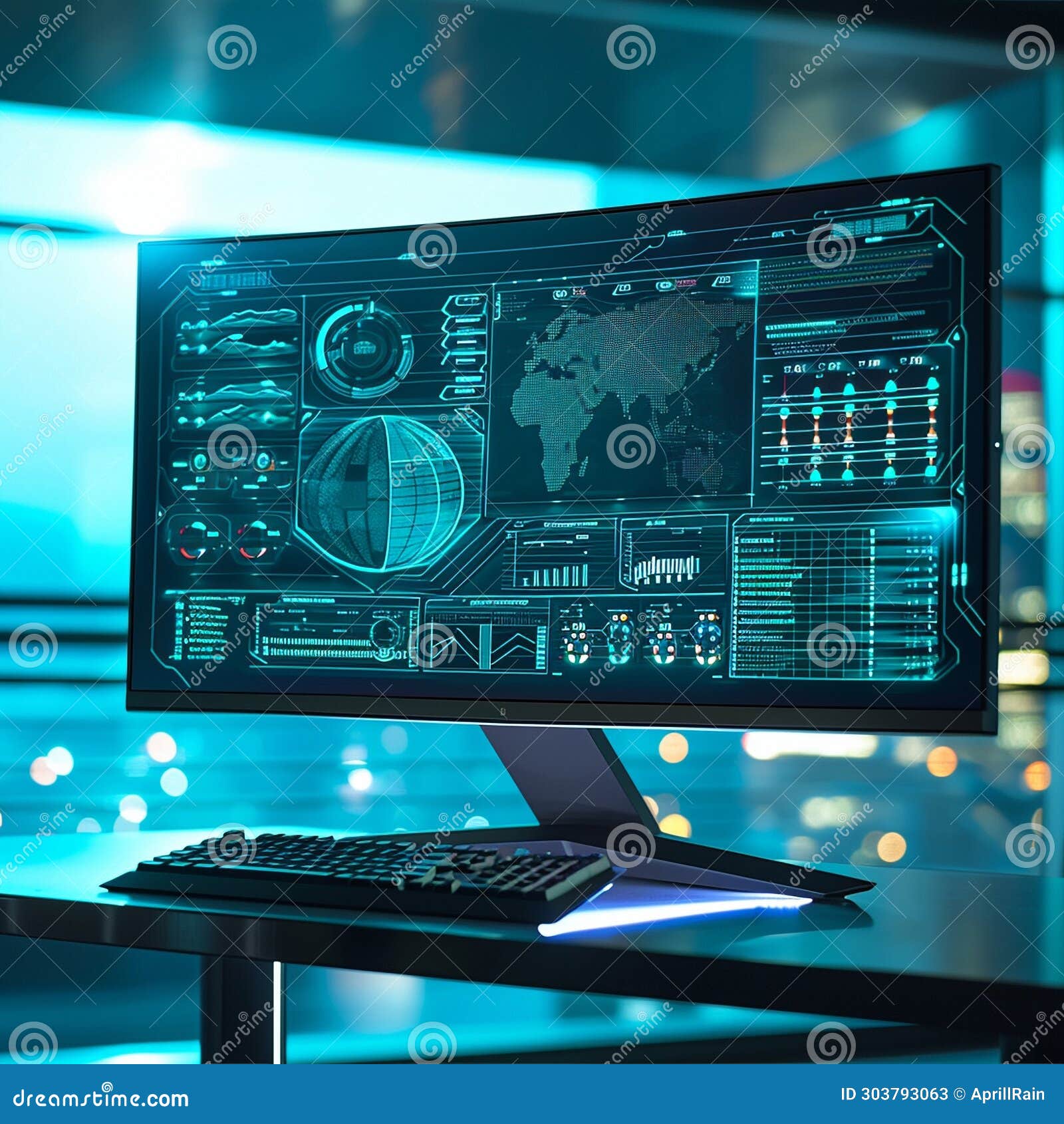 Computer Monitor with Graphs, Map, Dashboards. Technological Background ...