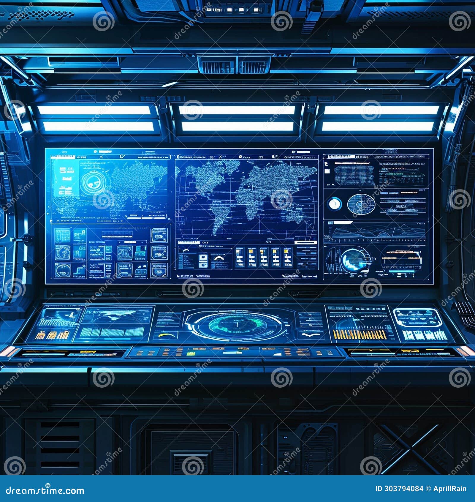 Computer Monitor with Graphs, Map, Dashboards. Technological Background ...