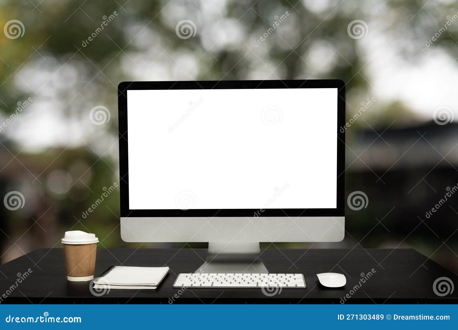 Computer Monitor, Keyboard, Coffee Cup and Mouse with Blank is on the ...