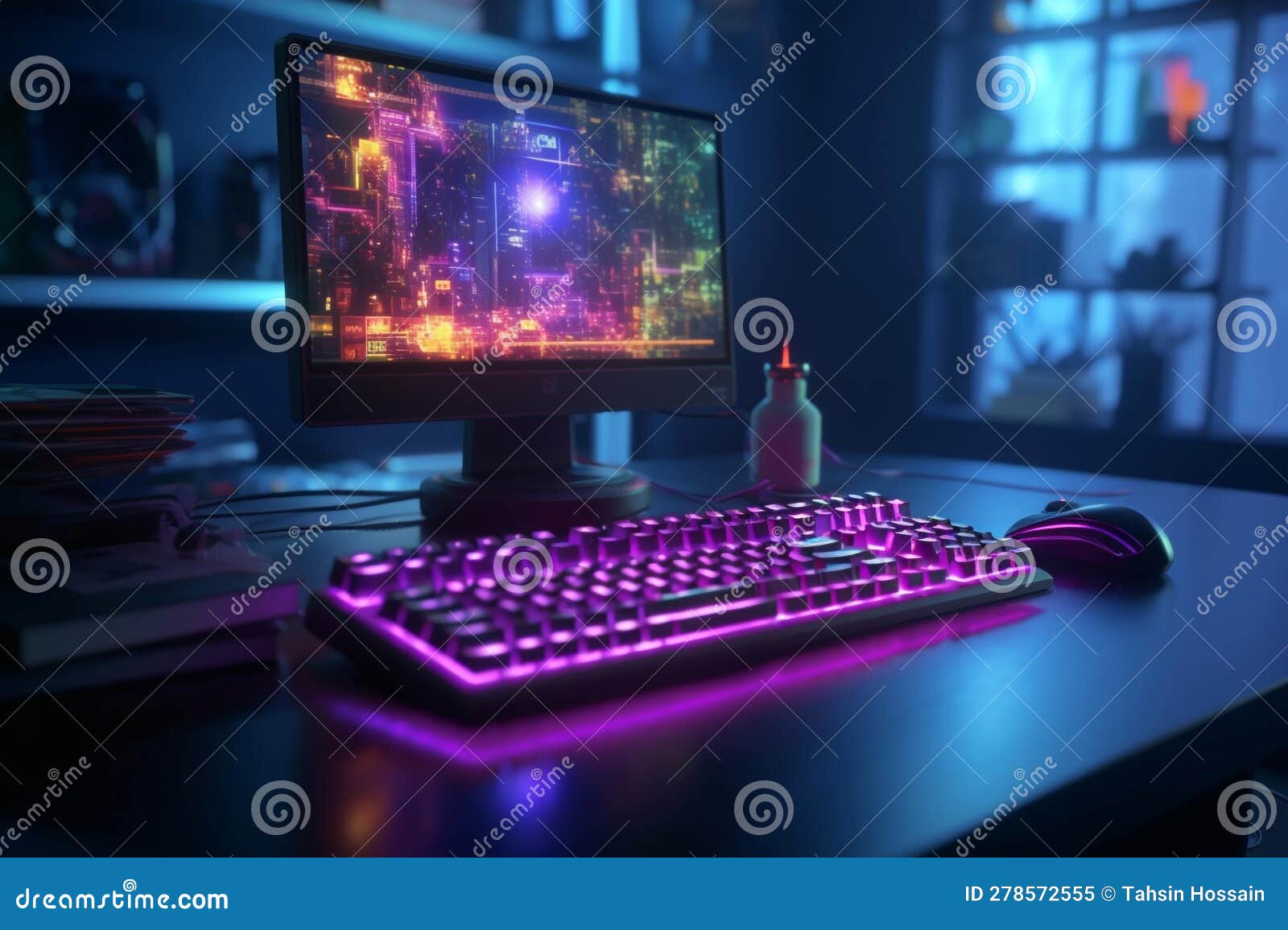 Computer Monitor and Keyboard Digital Hacker S Workspace with Neon ...