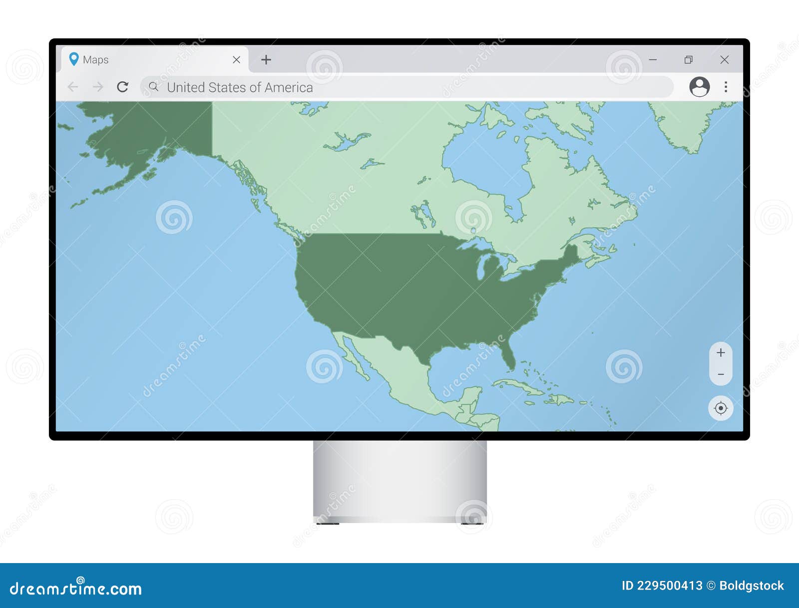 Computer Monitor with Map of USA in Browser, Search for the Country of ...