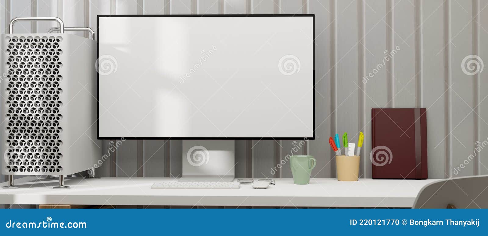 Computer Monitor with Mock-up Screen on White Table with Cpu Case and ...