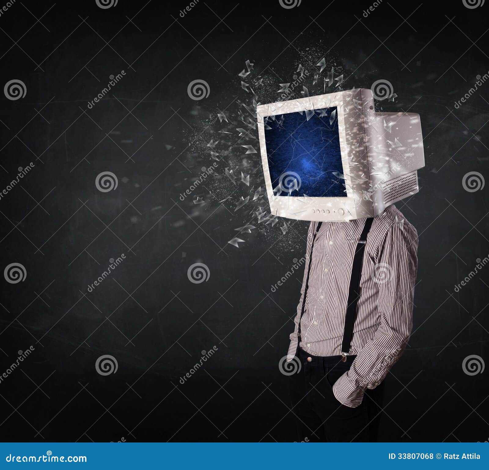 Computer Monitor Screen Exploding on a Young Persons Head Stock Photo ...