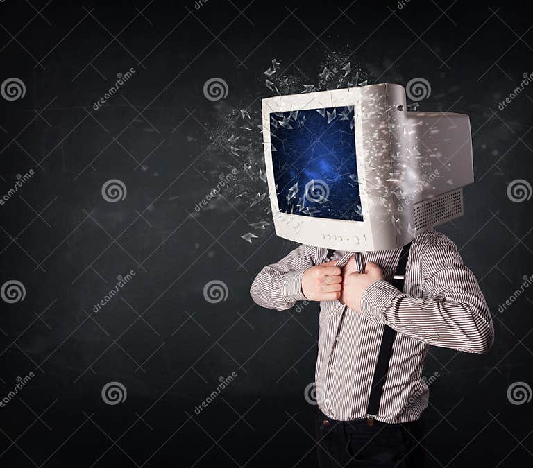 Computer Monitor Screen Exploding on a Young Persons Head Stock Image ...