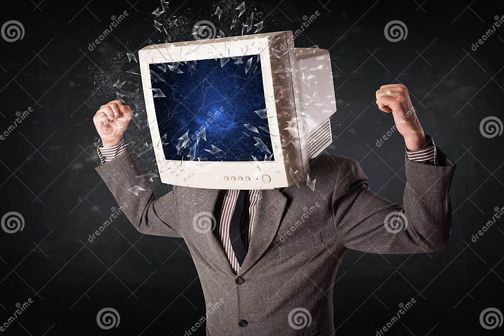 Computer Monitor Screen Exploding on a Young Persons Head Stock Photo ...