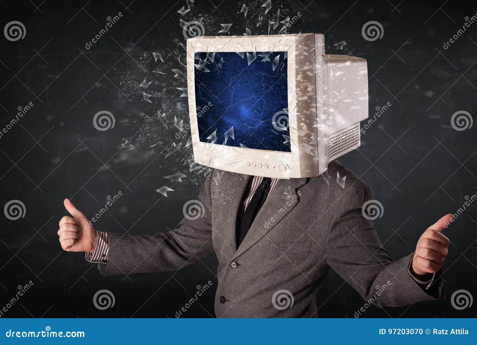Computer Monitor Screen Exploding on a Young Persons Head Stock Photo ...
