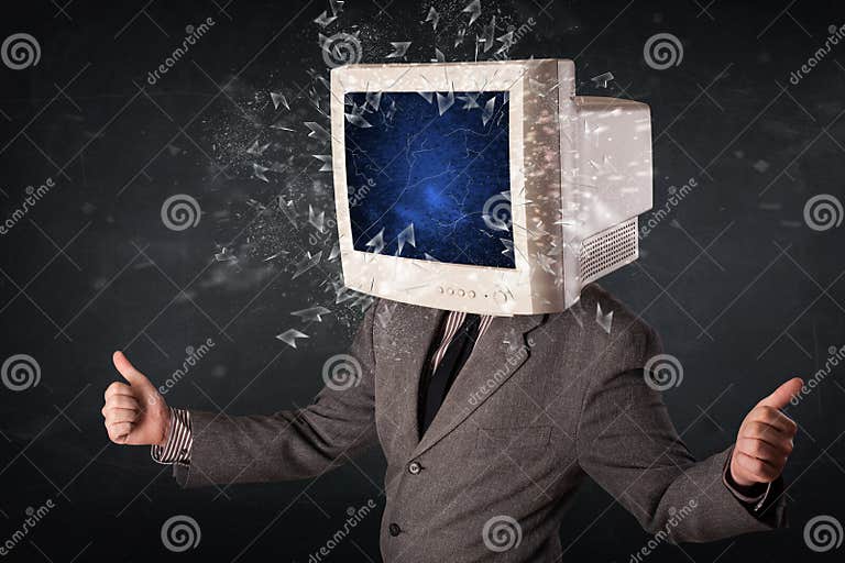 Computer Monitor Screen Exploding on a Young Persons Head Stock Photo ...