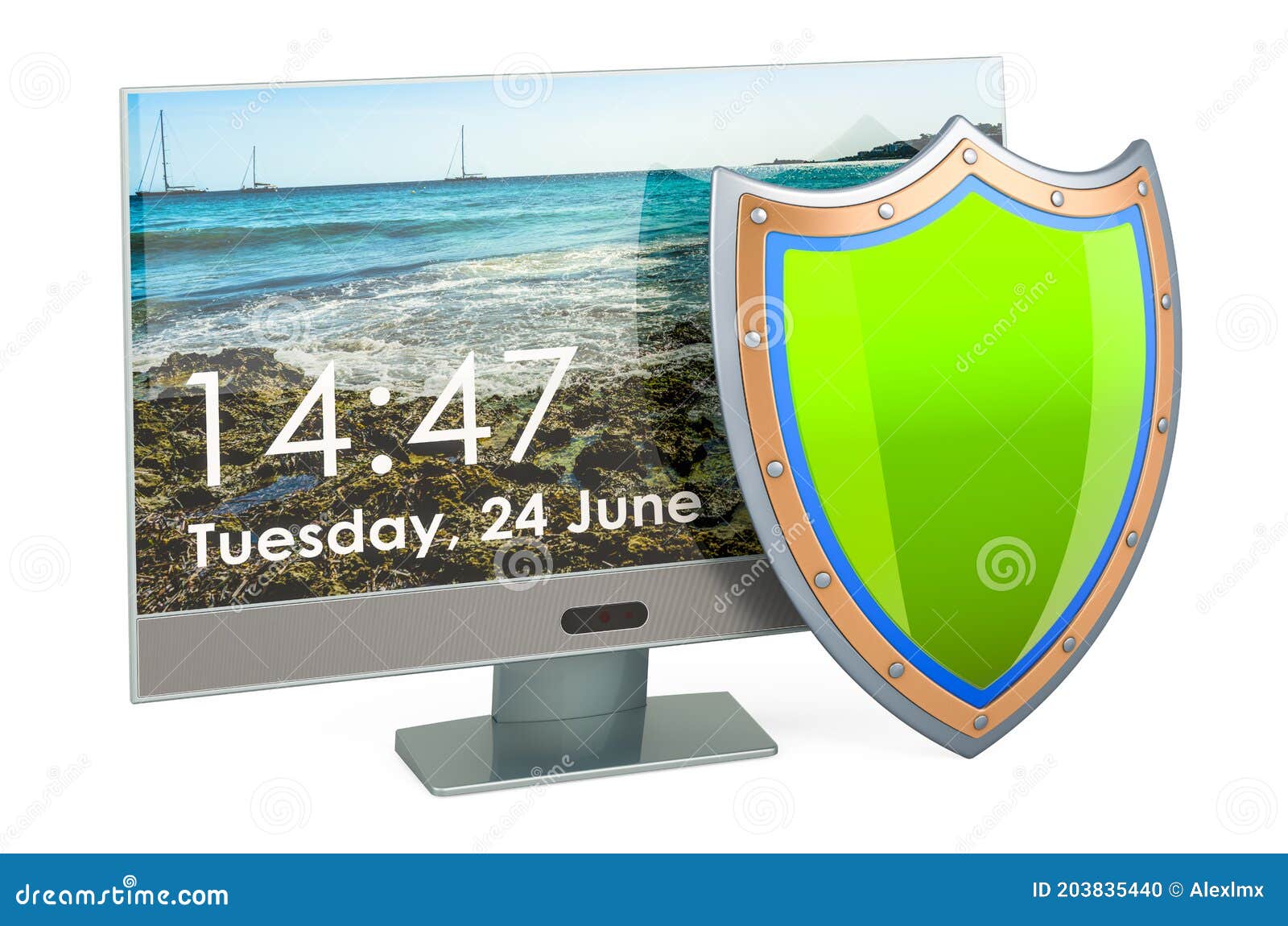 Computer Monitor with Shield, 3D Rendering Stock Illustration ...