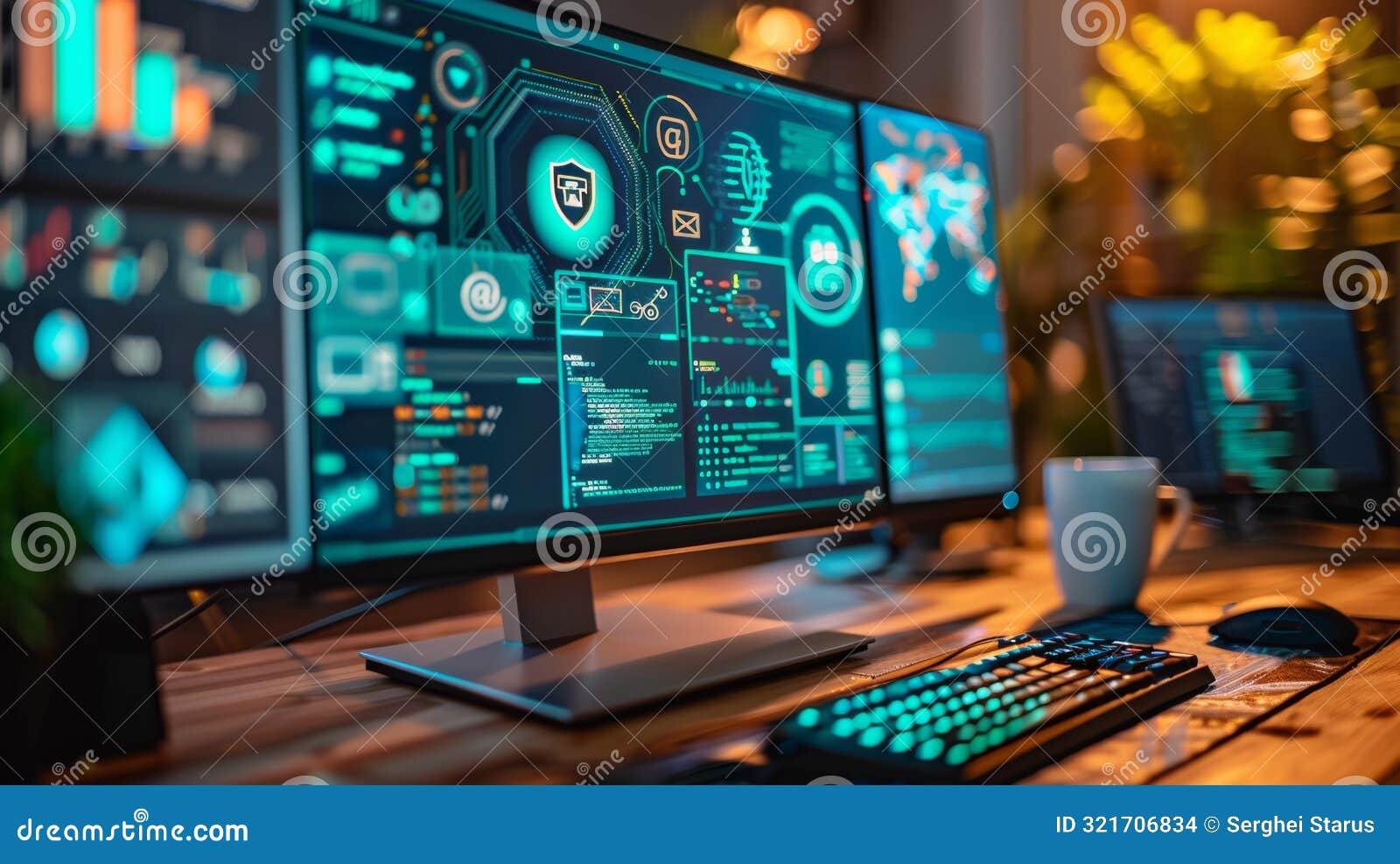 A Computer Monitor Sitting on Top of a Desk with Keyboard and Mouse, AI ...