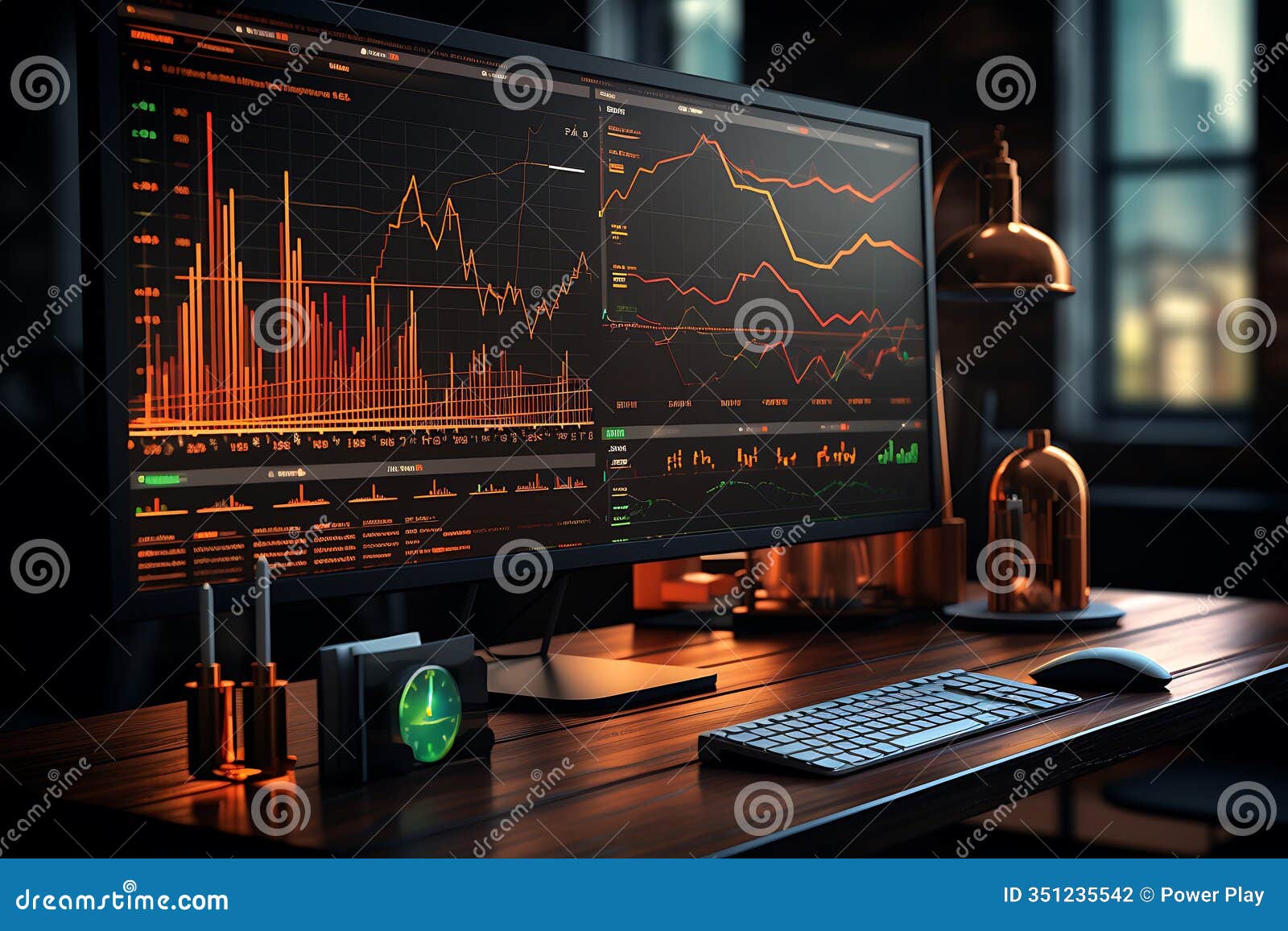 Computer Monitor with Stock Market Chart on the Table. 3d Rendering ...