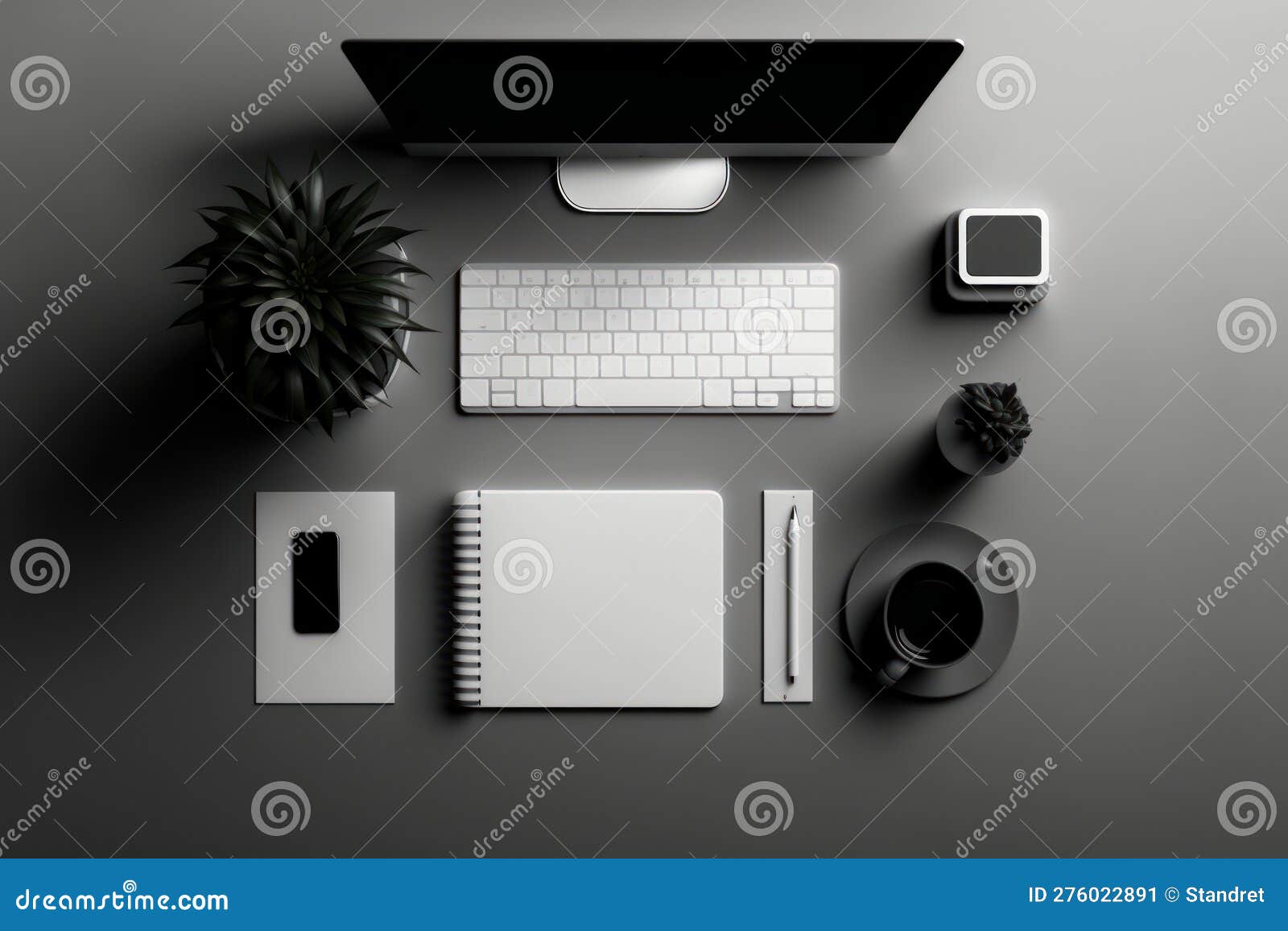 Computer with Monitor. Top View of Table with Objects for Work ...