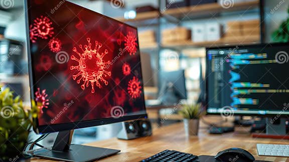 Computer Monitors Displaying Virus Graphic and Code in Office Setting ...