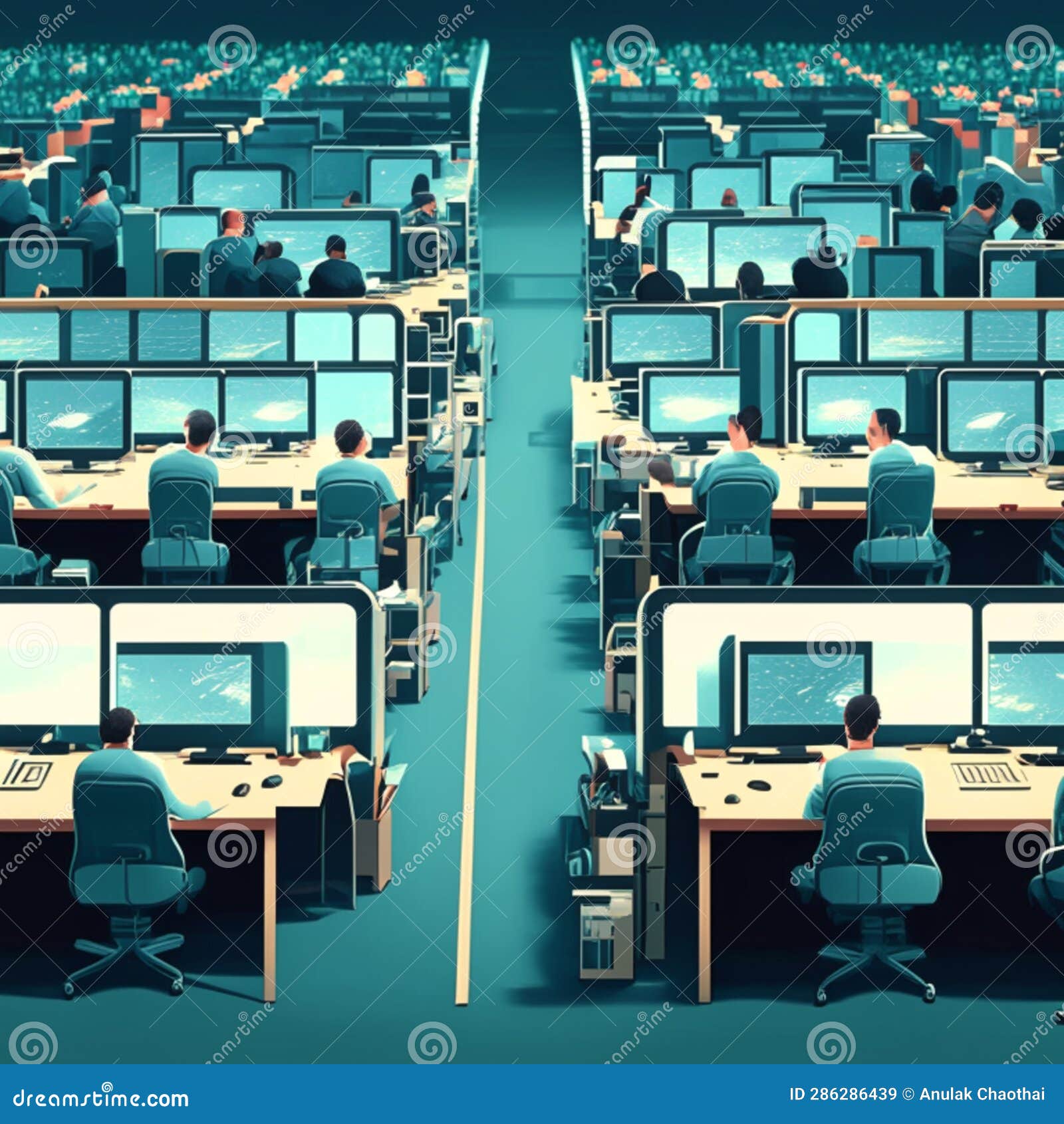 Computer Monitors on the Floor of a Large Computer Room. 3d Rendering ...