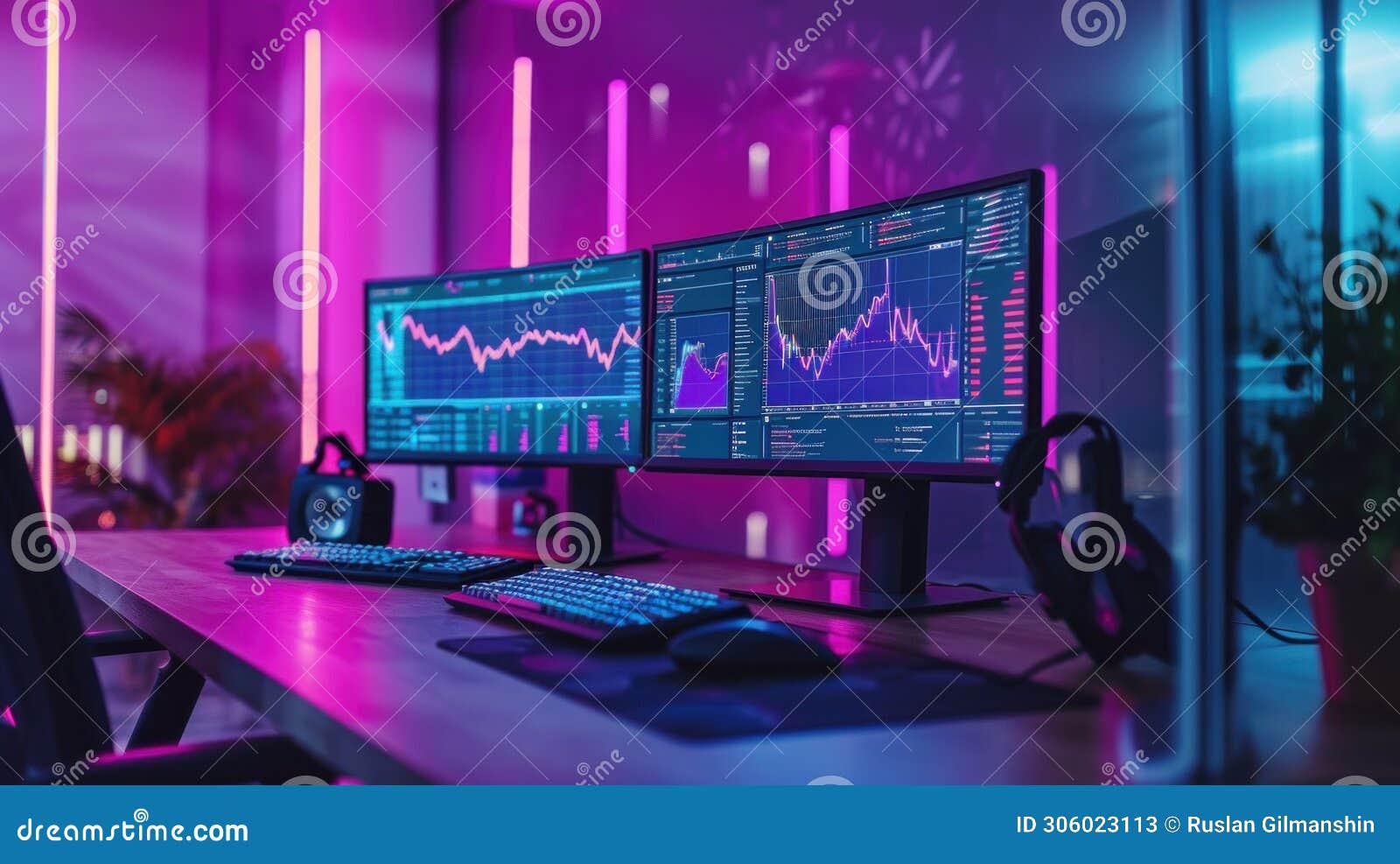 Computer Monitors, Laptop with Trader Charts on the Desk. Trader ...
